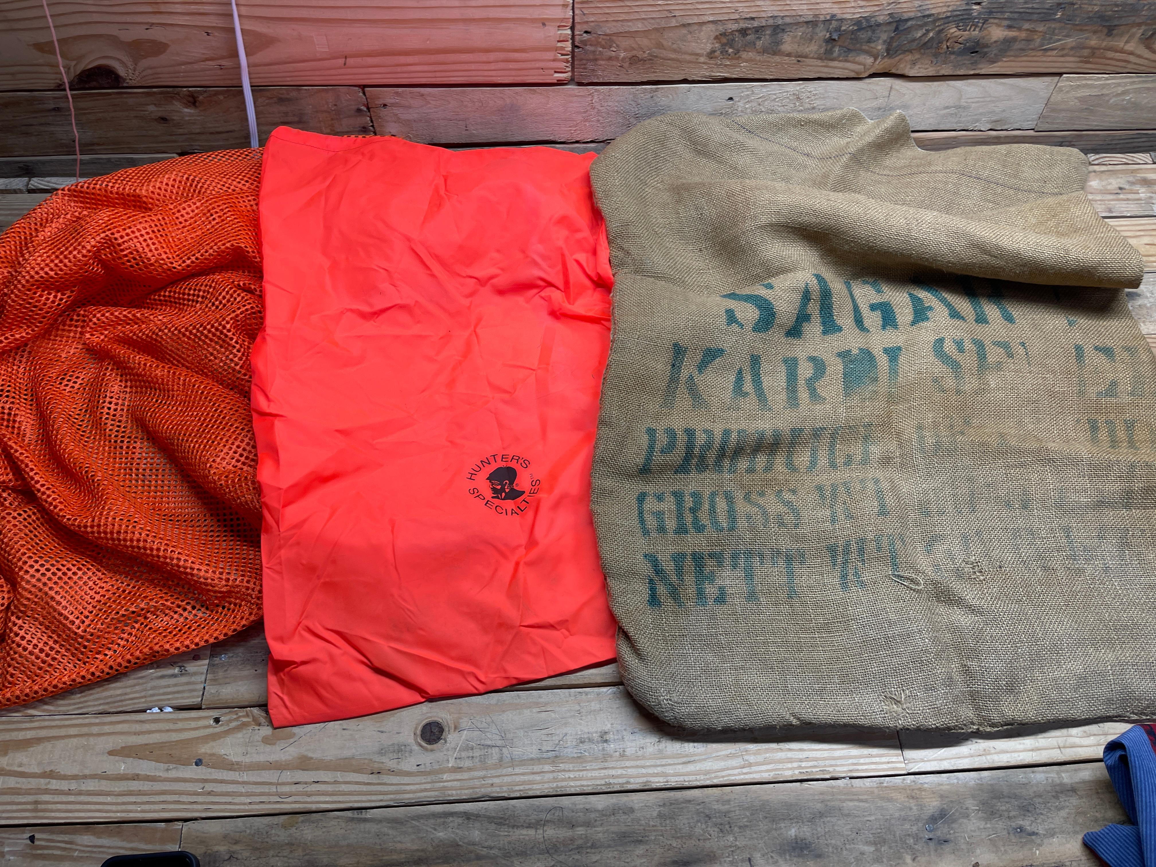 Lot - three hunting bags, one is a burlap sugar sack