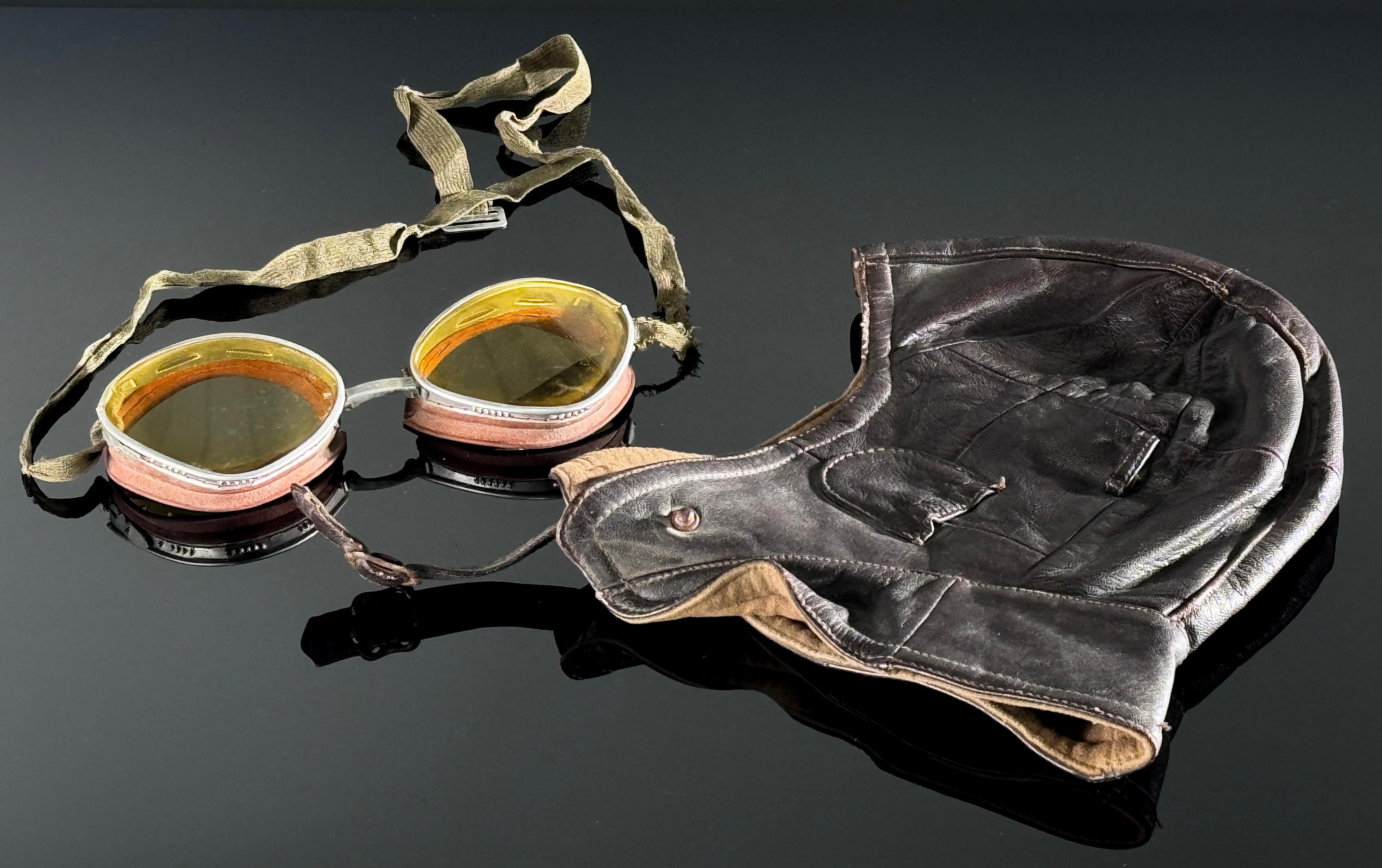 At Auction: German WWII Aviator Leather Flight Helmet & Goggles