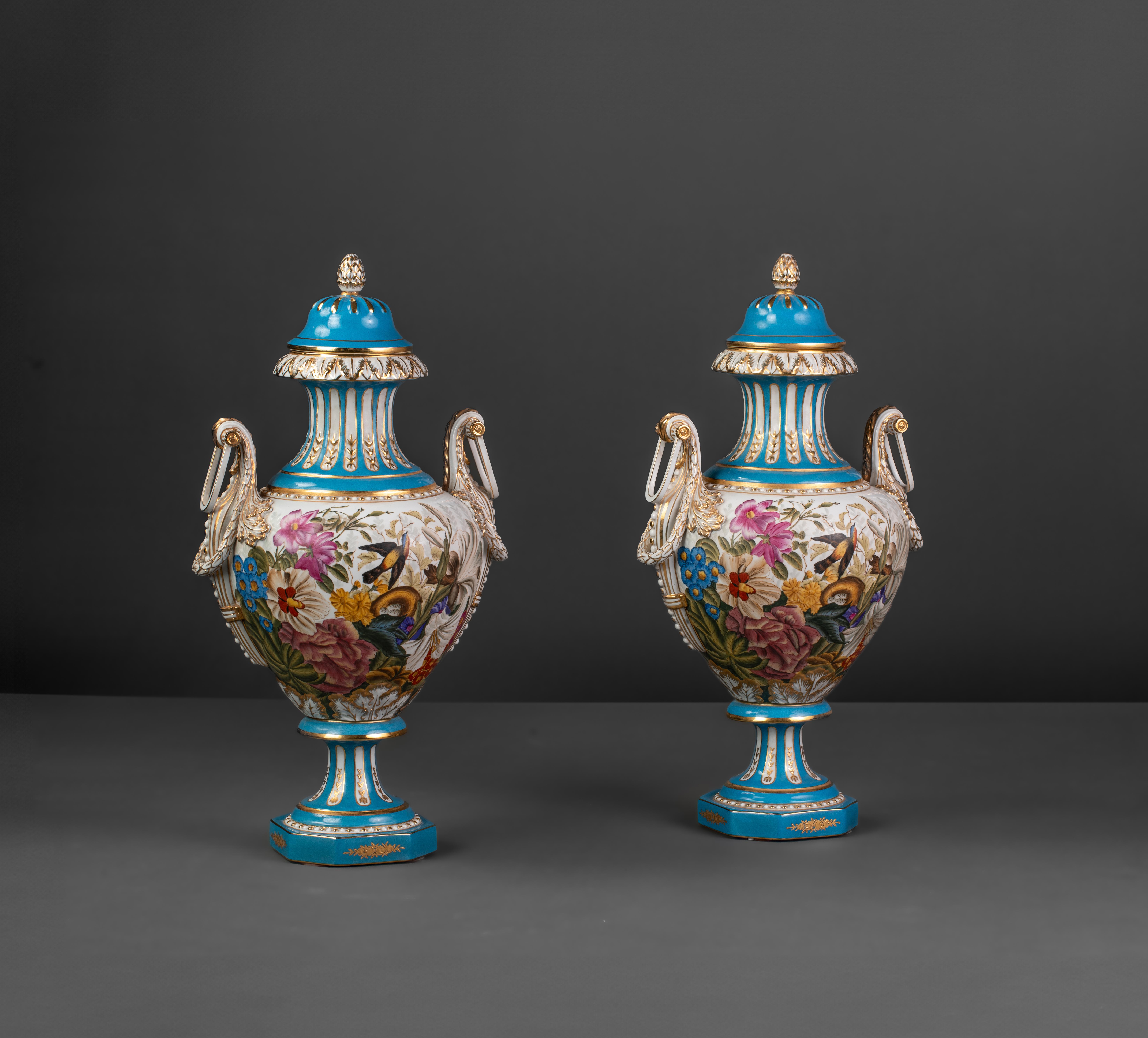 Lot - A PAIR OF VINTAGE FRENCH SEVRES STYLE ENAMELLED PORCELAIN VASES