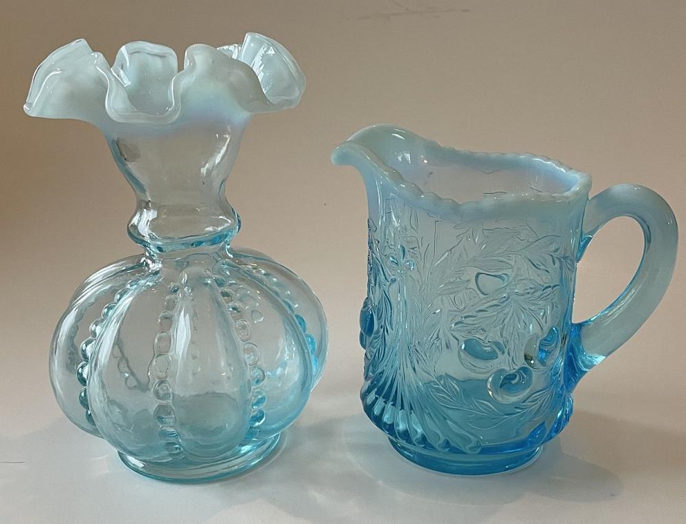 Bid Now: 2 Blue Glass Fenton Vase and "Cherry" Pattern Pitcher ...
