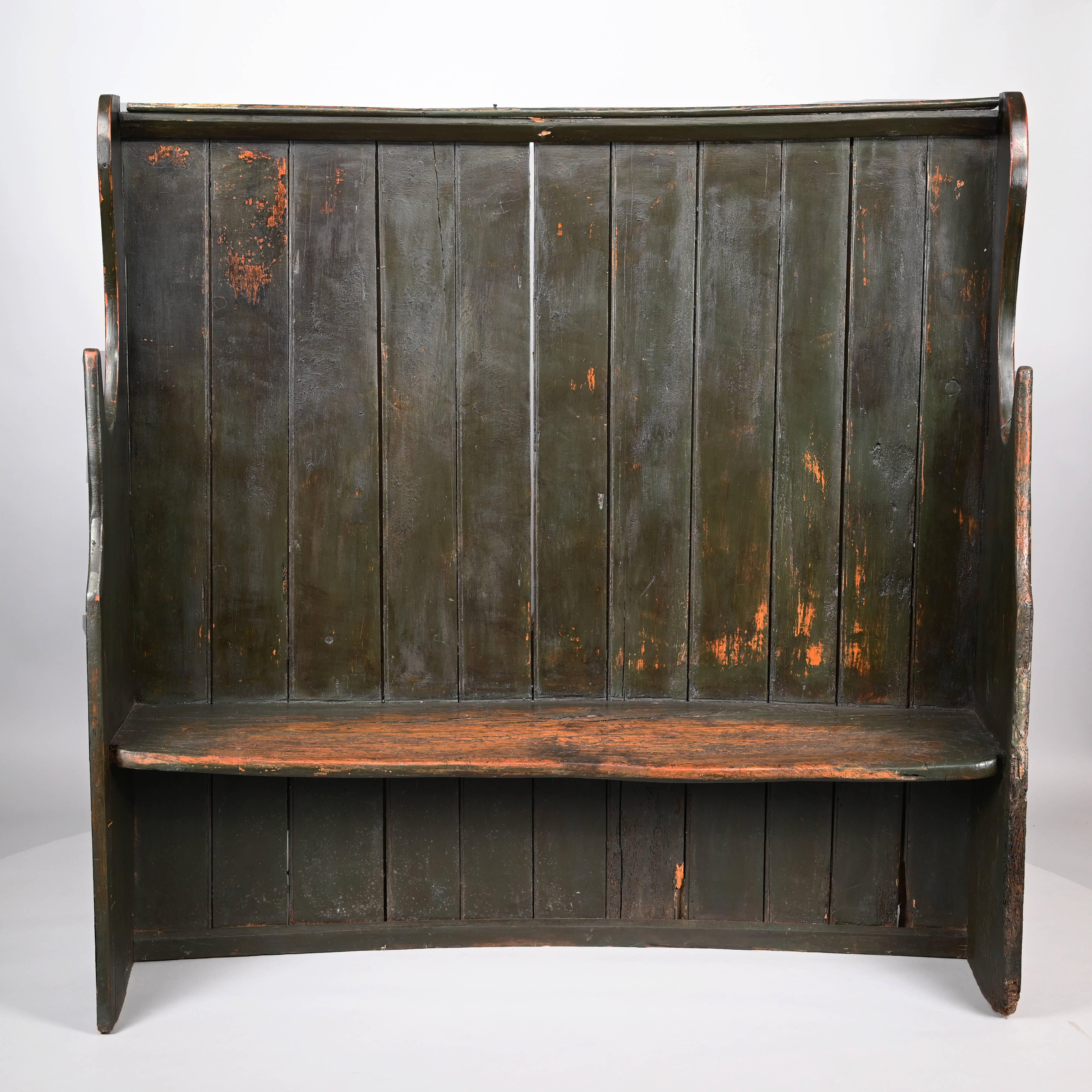 At Auction: English Elm High-Back Settle in Dark Green Paint