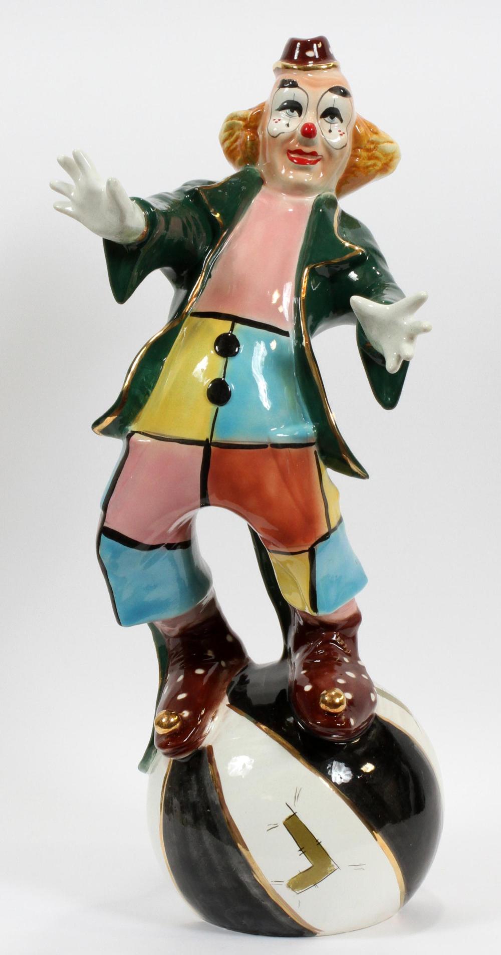PORCELAIN CLOWN FIGURINE, H 29", DIA 15"