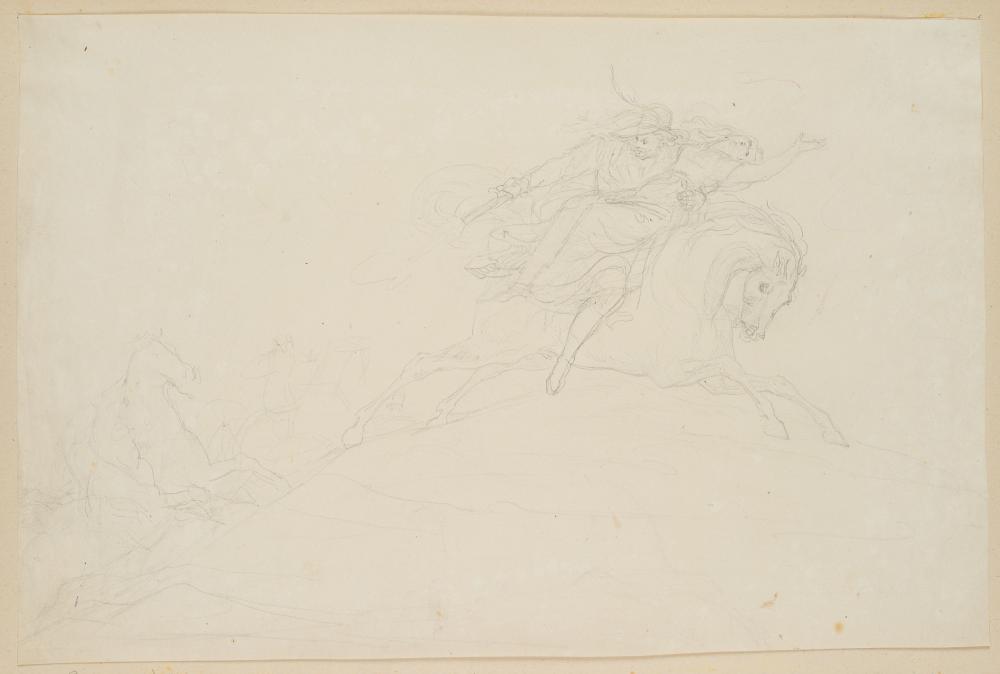 Bid Now: E. LEYSER (1792-1862), Robber with virgin on horseback, Pencil ...