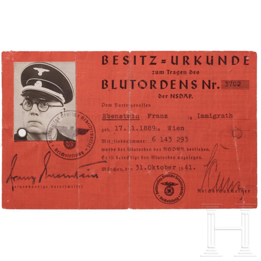 At Auction: A certificate of ownership/ID card for the Blood Order No. 3702