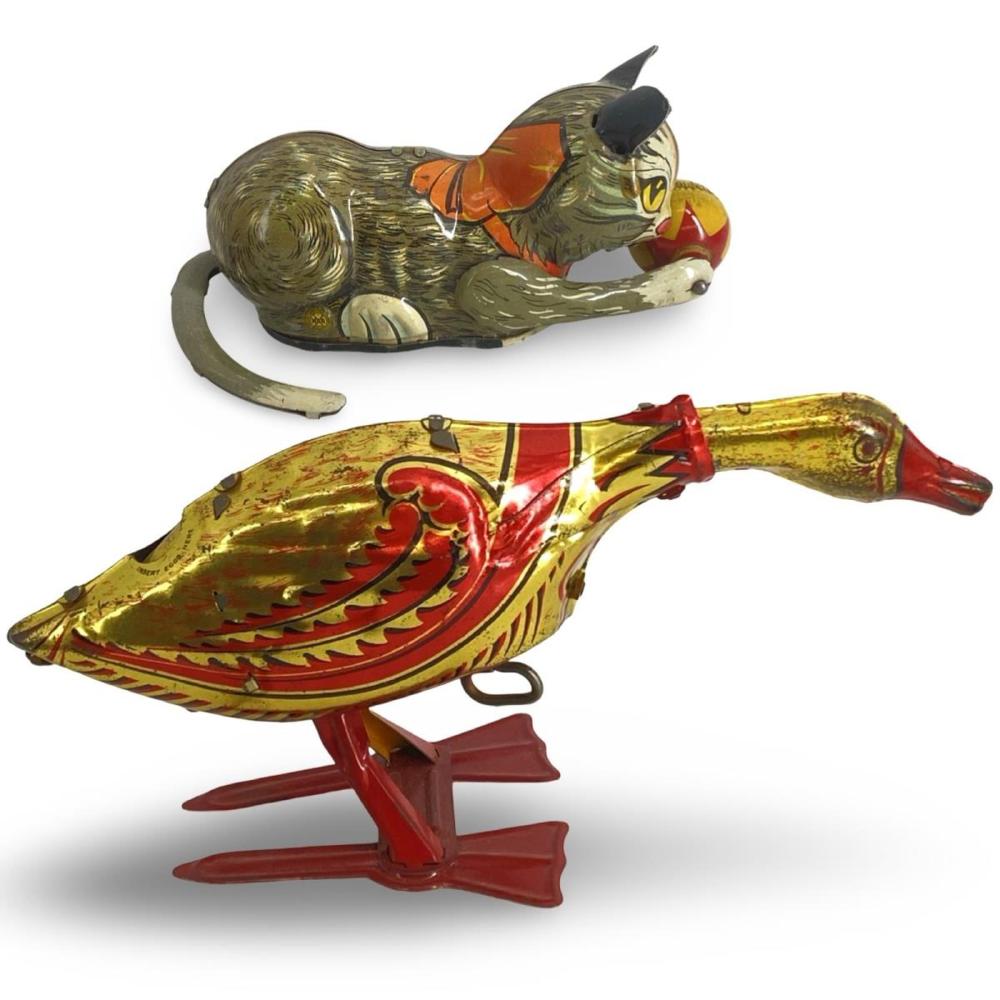 Lot - Vintage Louis Marx Tin Wind-Up Cat and Duck