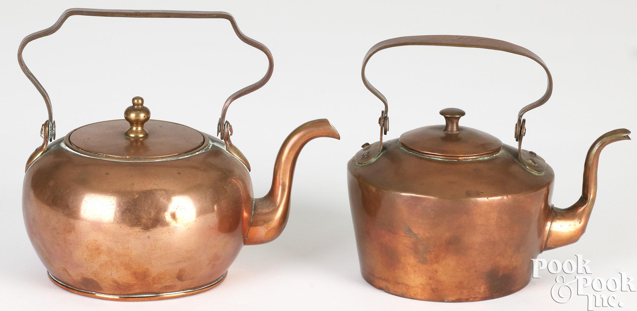 At Auction: Two miniature copper tea kettles, 19th c.