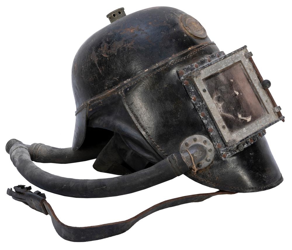 Sold Price: Antique leather smoke helmet and hood. London: Siebe Gorman ...