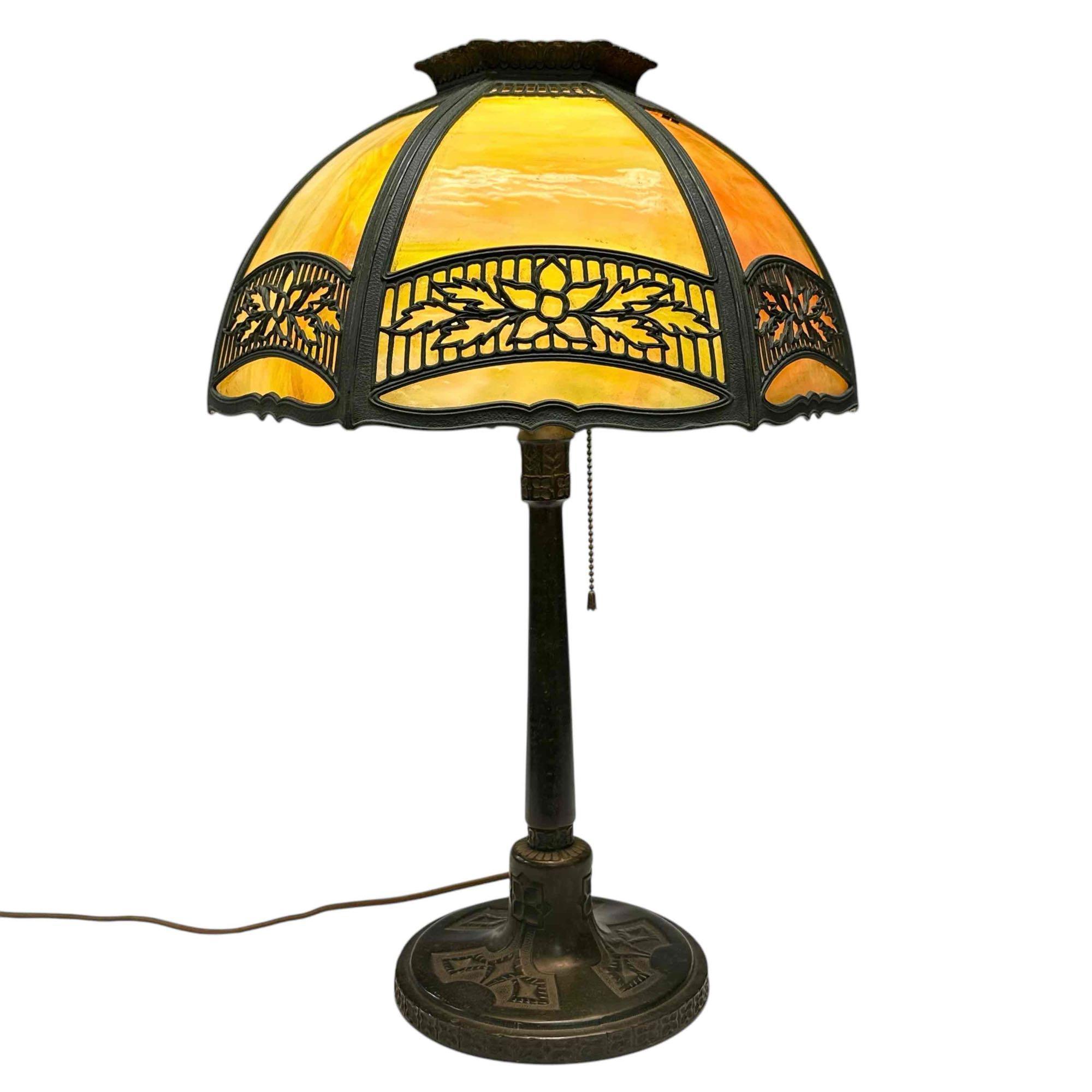At Auction: American Art and Crafts Style Green Slag Panel Lamp