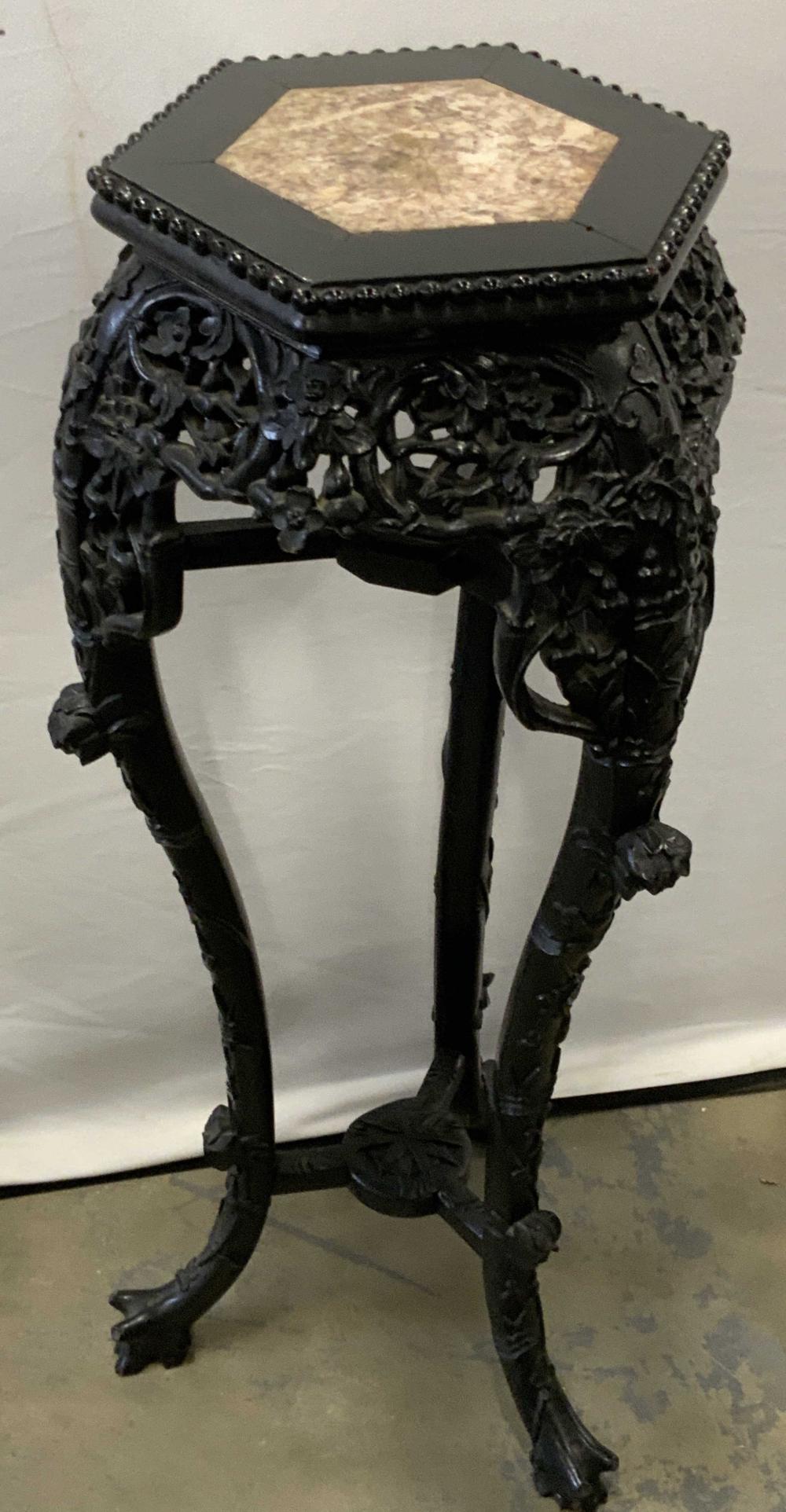 Sold at Auction: Vintage Asian Hand Carved Wood & Marble Side Table