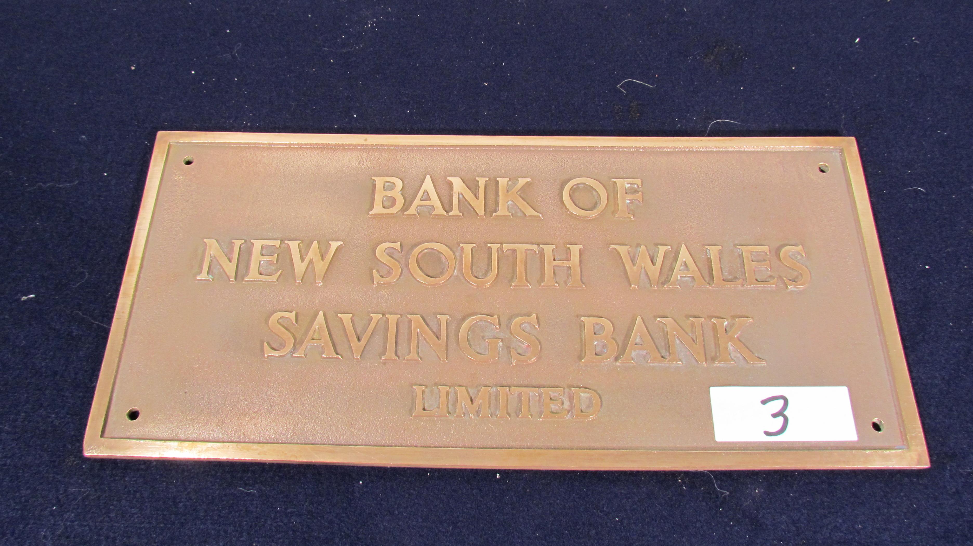At Auction: Bank Of NSW Brass Plaque