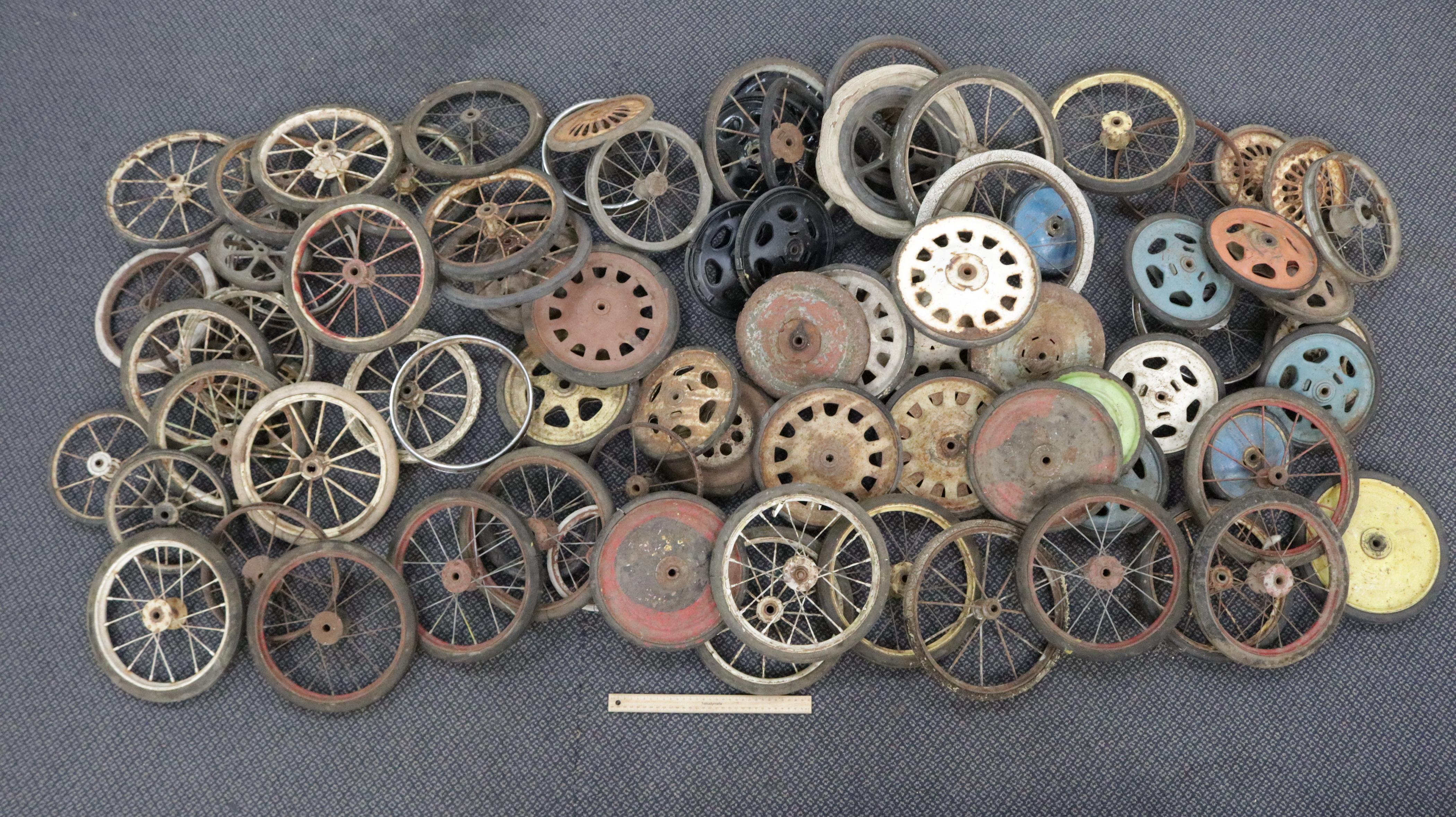 At Auction: LARGE QUANTITY OF VINTAGE PEDAL CAR, BIKE AND PRAM WHEELS ...