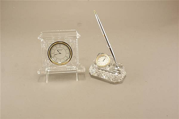 Lot - WATERFORD CRYSTAL DESK CLOCK, 4" AND DESK SET WITH CLOCK AND PEN, 4"