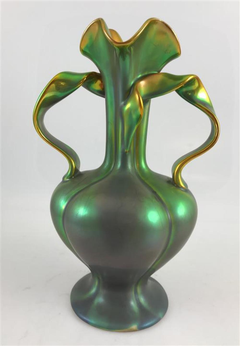 Lot - "ZSOLNAY HUNGARY" MARKED GREEN GOLD EOSIN GLAZED 9½" CERAMIC URN VASE