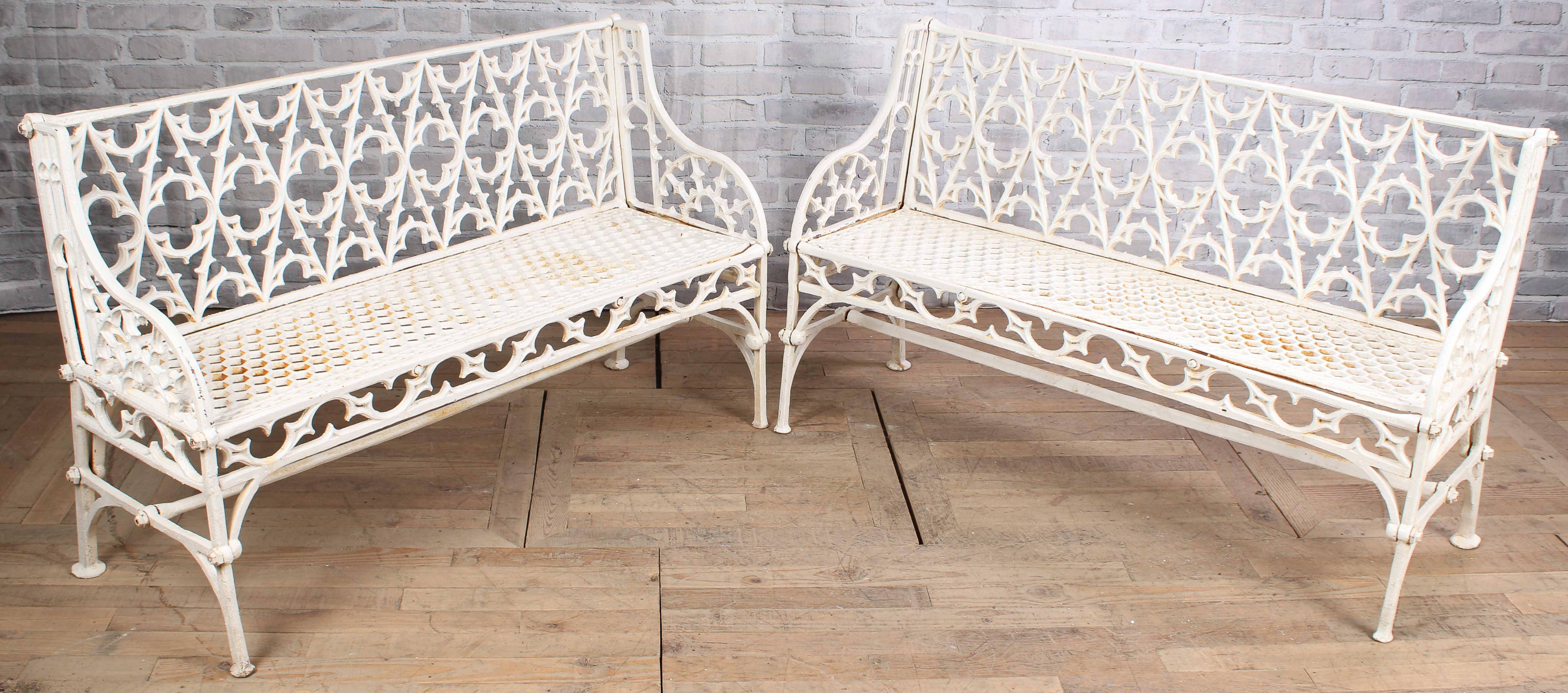 At Auction: PAIR CAST IRON GOTHIC STYLE GARDEN BENCHES