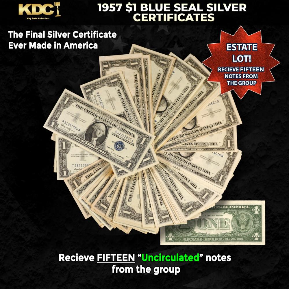 At Auction: 15x 1957 $1 Blue Seal Silver Certificates Grades CU