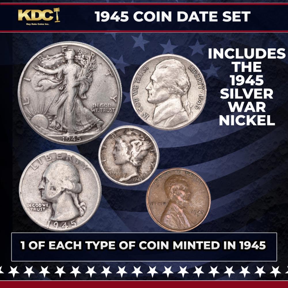 At Auction: 1945 5 Coin Date Set, 1 Of Each Type Of Coin Minted in 1945