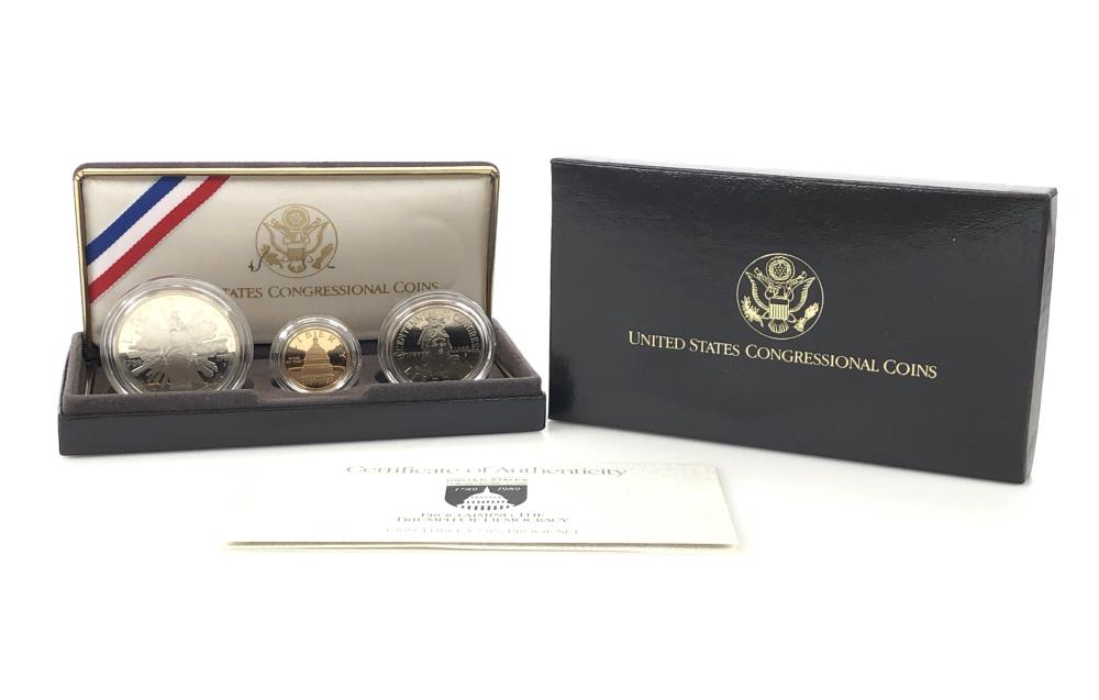 Lot - 1989 U.S. CONGRESSIONAL 3 COIN COMMEMORATIVE PROOF SET W GOLD ...