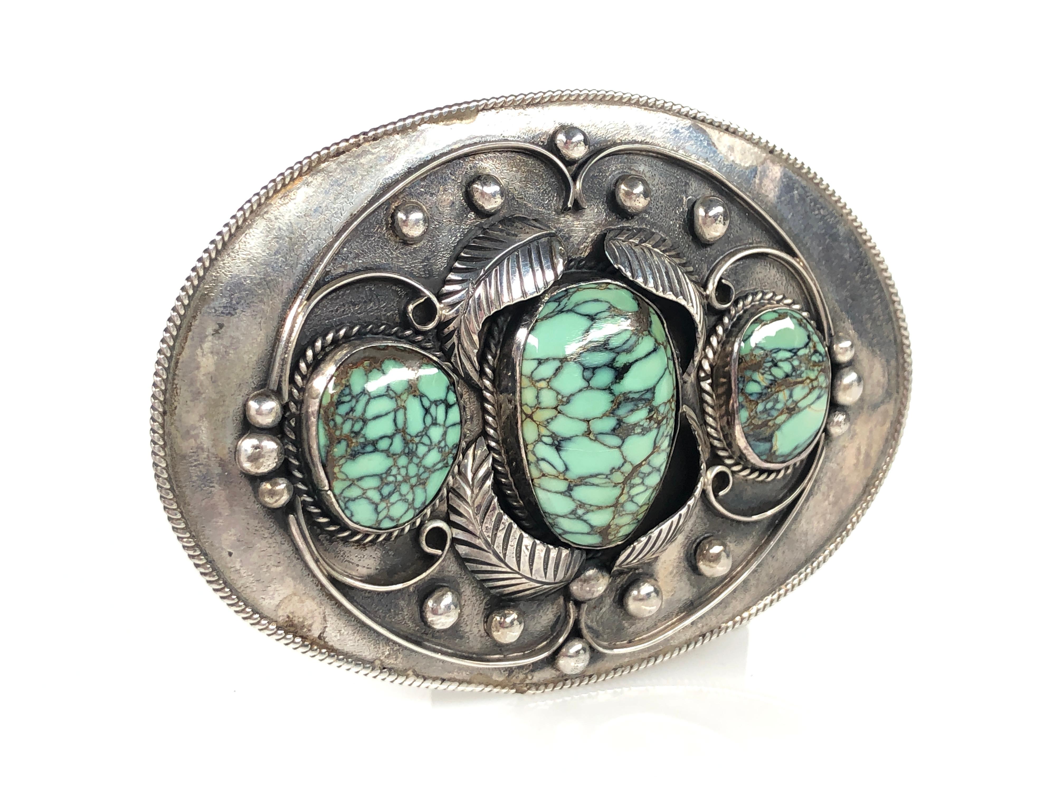 Lot - VINTAGE SIGNED NATIVE AMERICAN STERLING SILVER TURQUOISE BELT BUCKLE