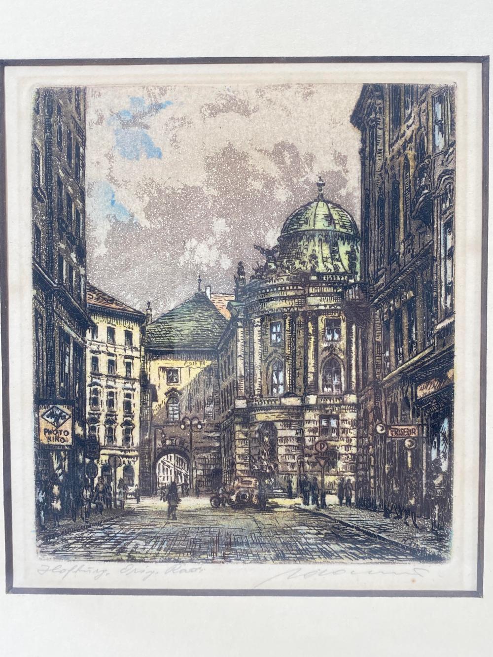 Lot - 2pc Ludwig Adamus Detail of Vienna Street Colored Etching