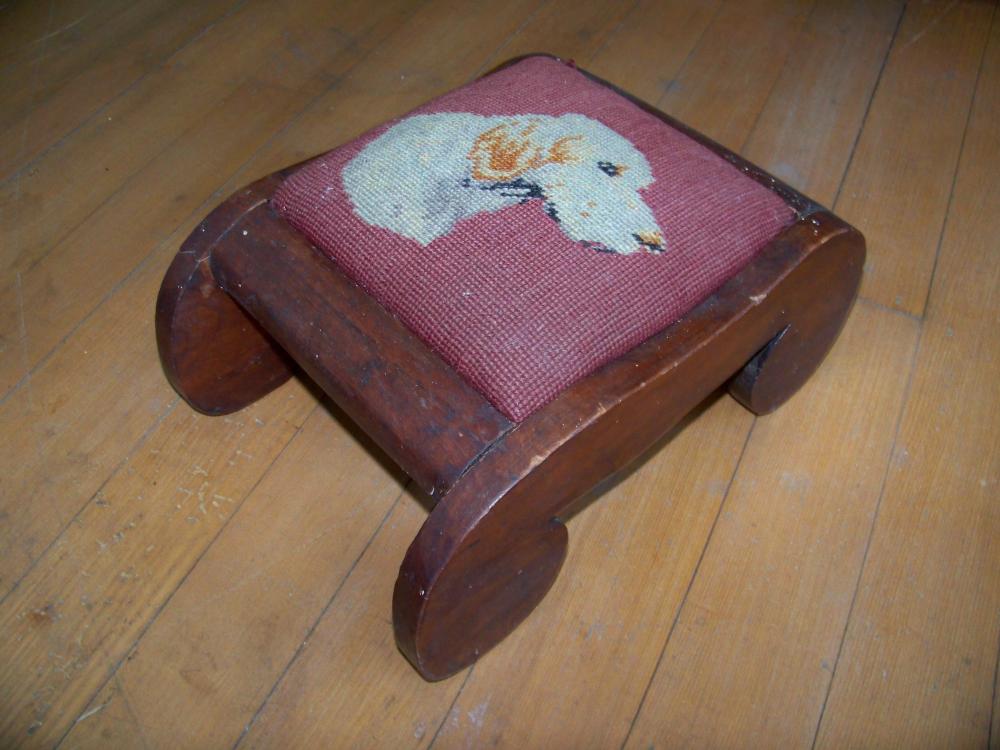 Lot - Small Cherry Footstool with Needlepoint Dog Cushion