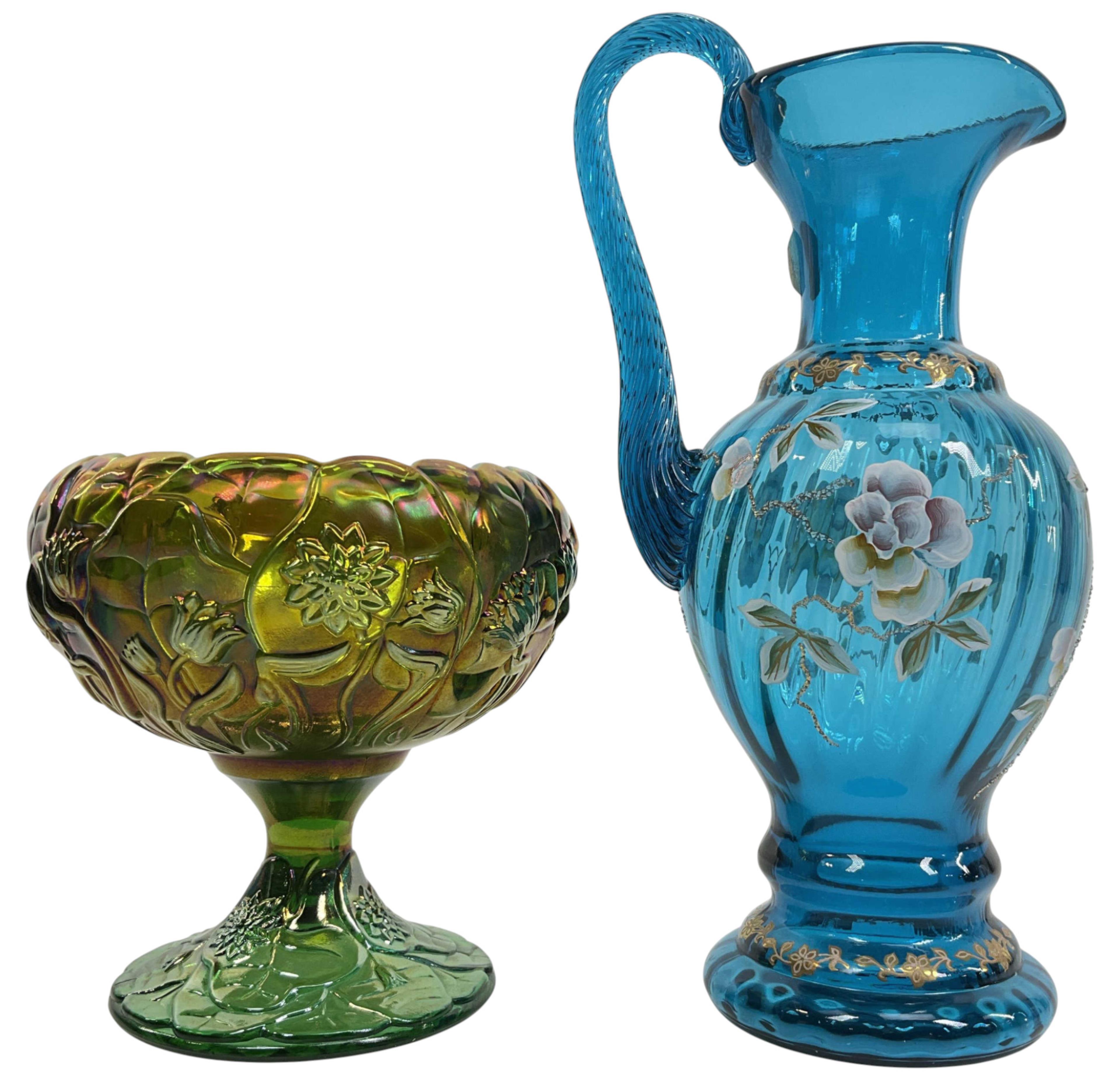 Lot - Fenton Blue & Water Lily Glass Pitcher & Bowl