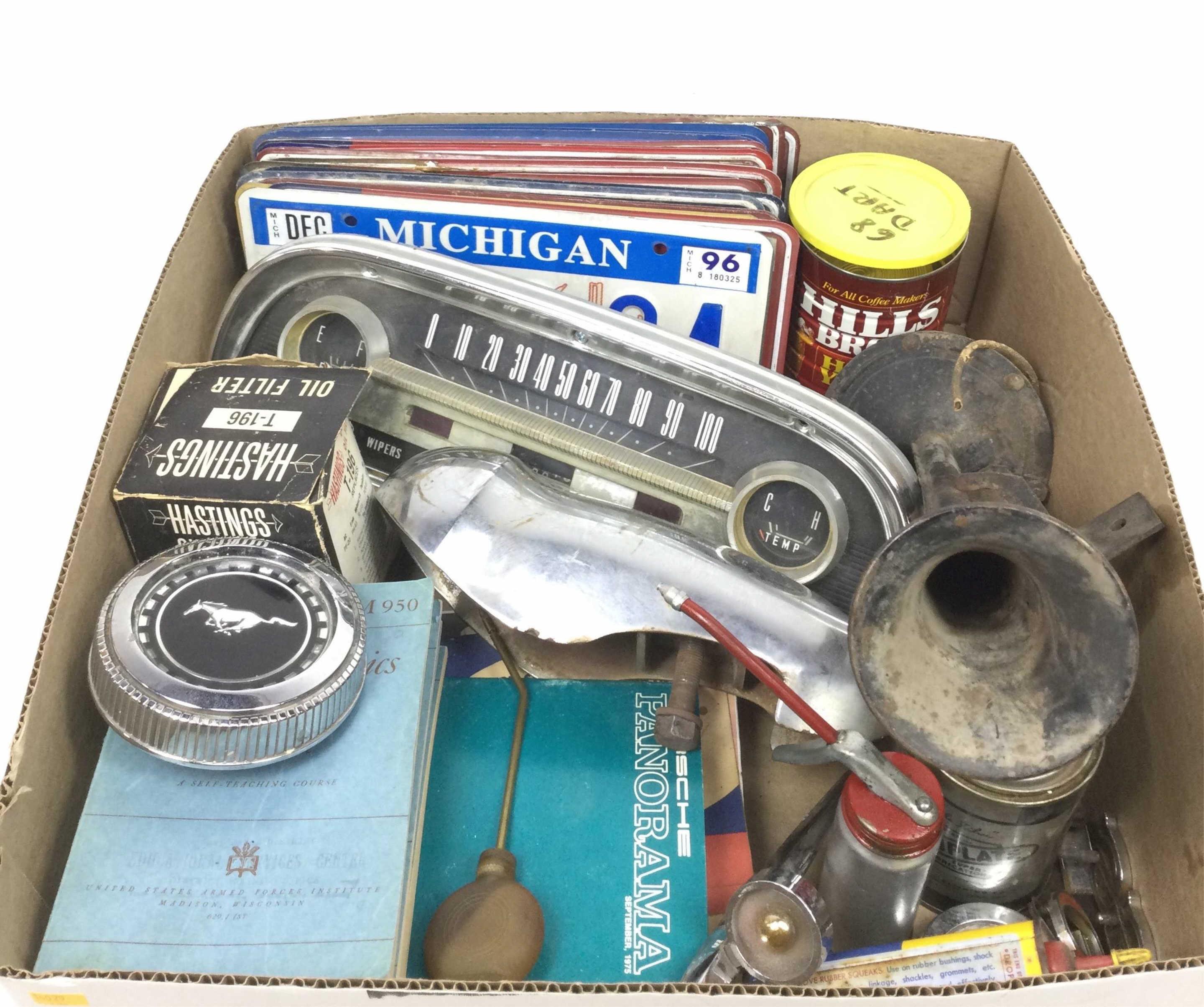 Lot - Assorted Vintage License Plates, Car Parts