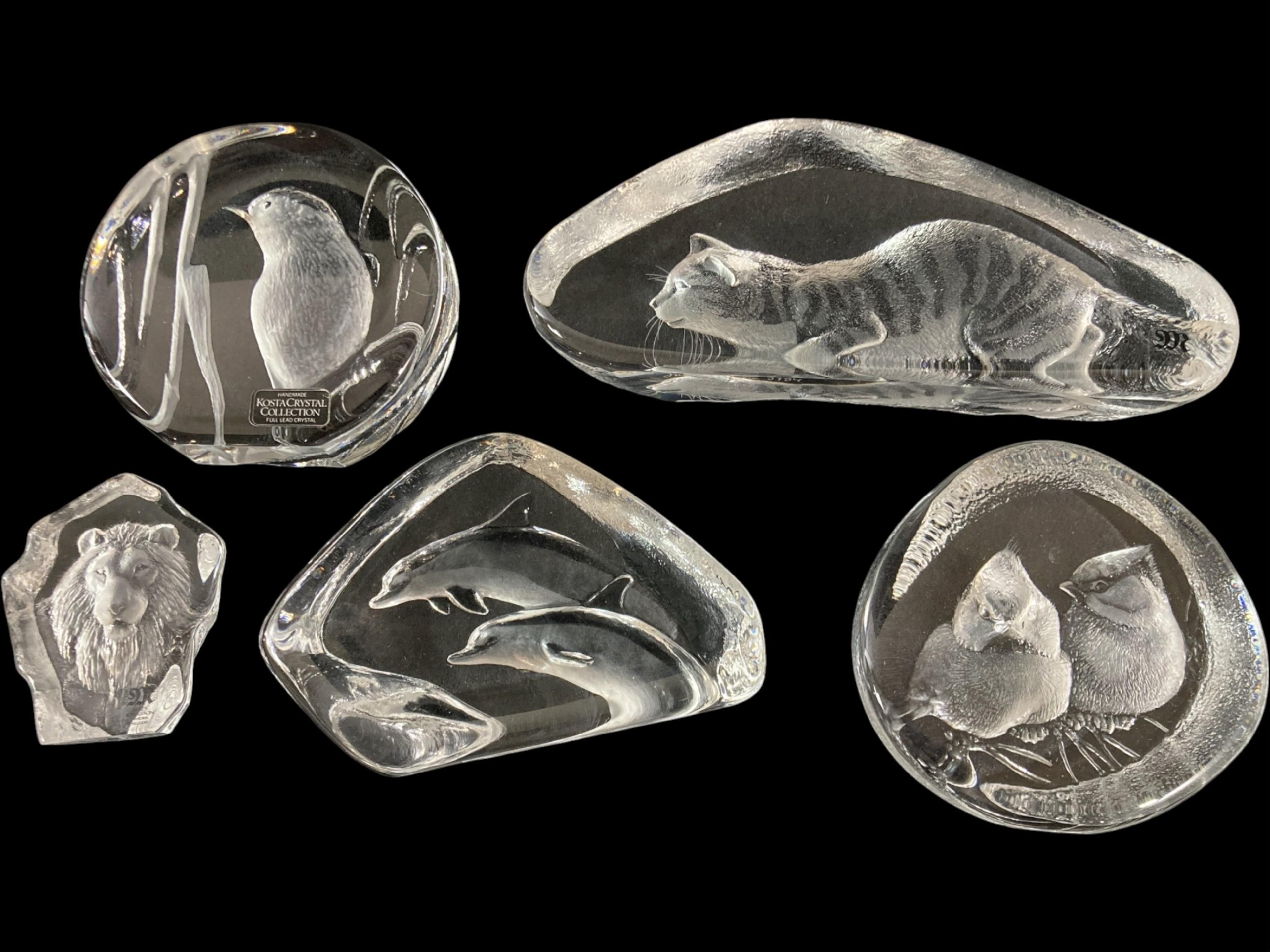 Lot - (5) Mats Jonasson Signed Glass Paperweights