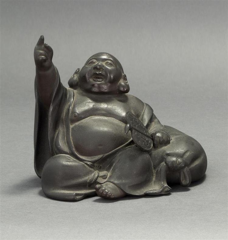 Lot - BRONZE FIGURE OF HOTEI Seated with his treasure sack while ...