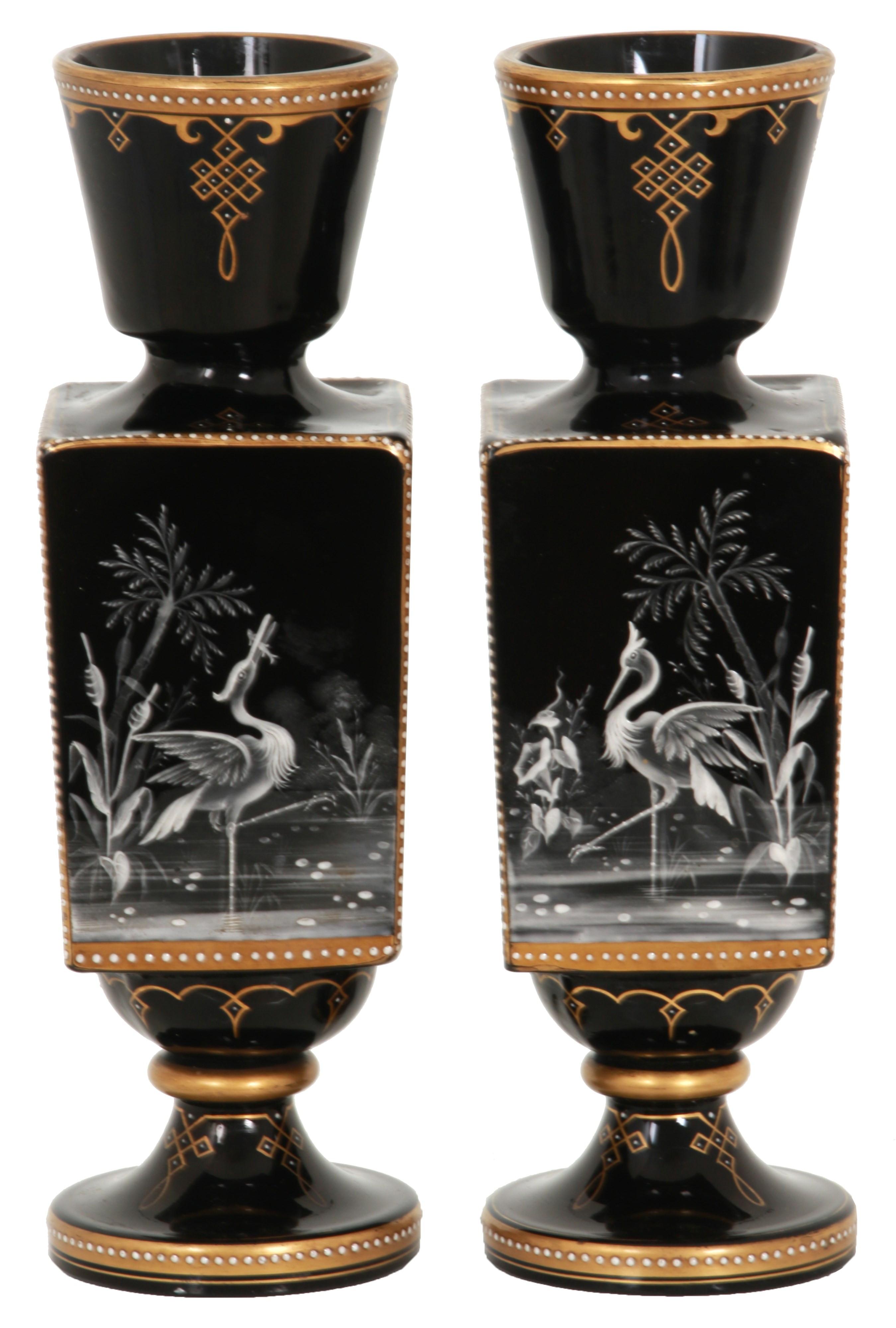 Lot - Pair of Enamel-Decorated Amethyst Glass Vases