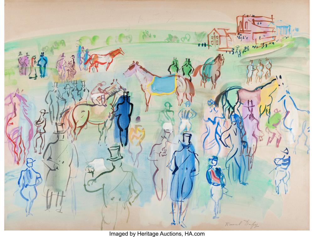 Bid Now: Raoul Dufy (1877-1953). Chevaux et turfistes à Epsom ...