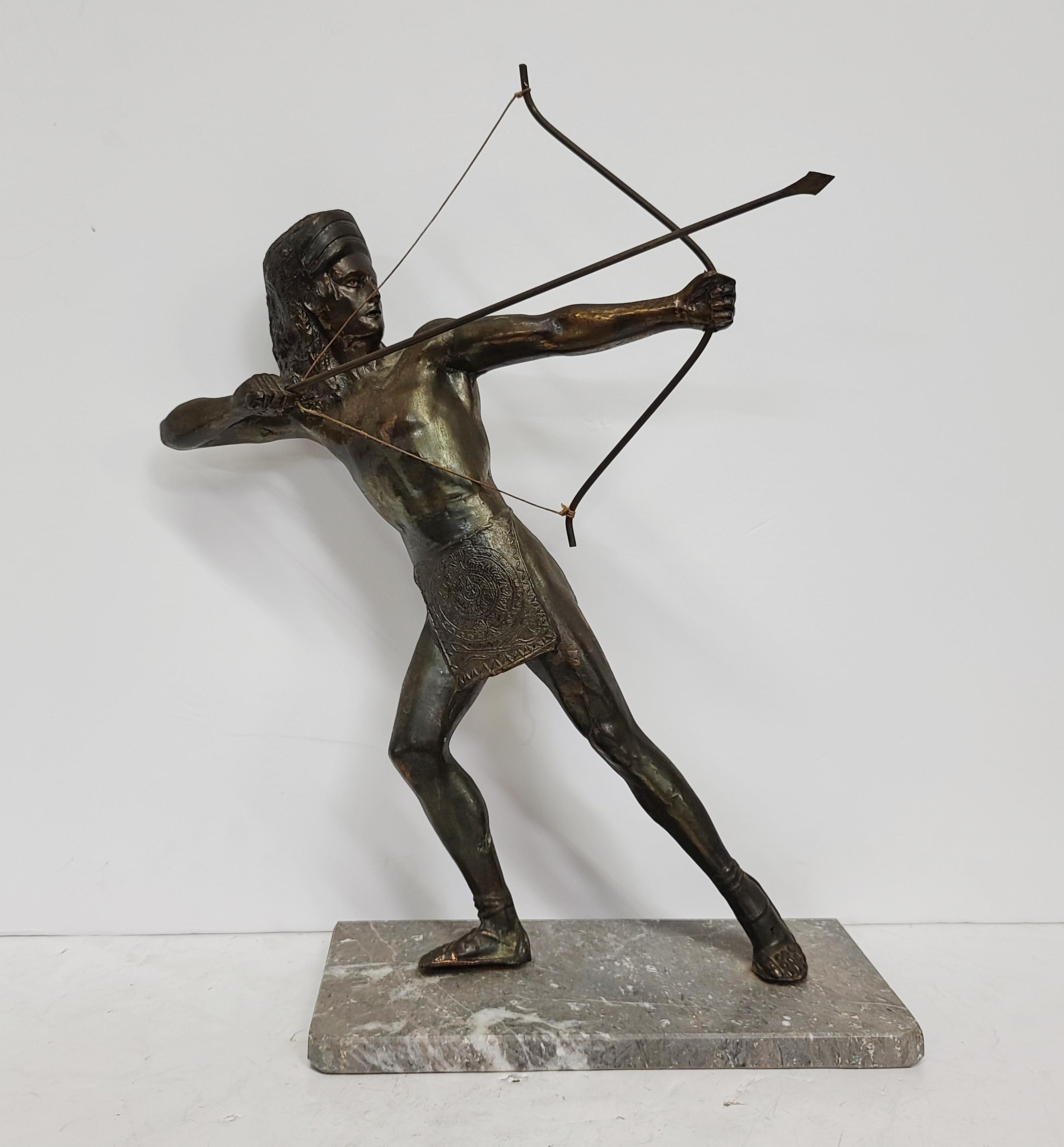 Lot - Vintage Patinated Metal Aztec Warrior Archer Statue