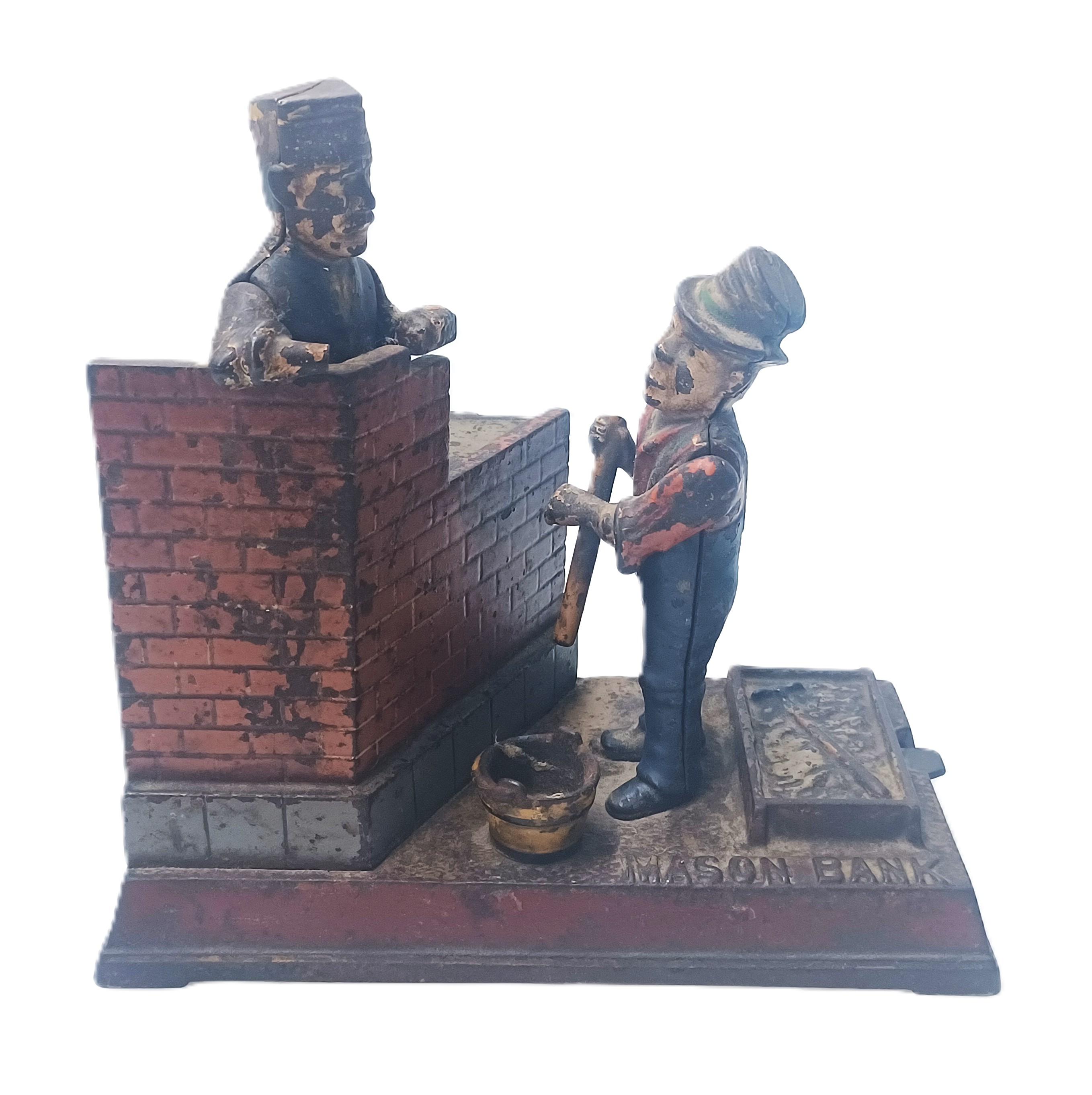 At Auction: Antique Cast Iron Mason Bank Cast Tron Mechanical Toy