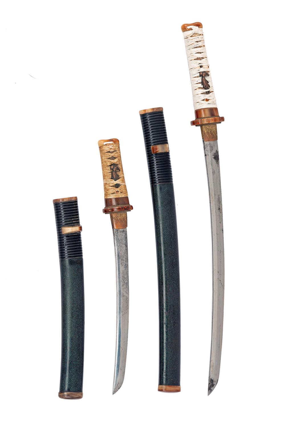 Sold at Auction: A RARE PAIR OF MINIATURE JAPANESE SWORDS, POSSIBLY FOR ...