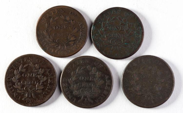 UNITED STATES DRAPED BUST LARGE CENT COINS, LOT OF FIVE