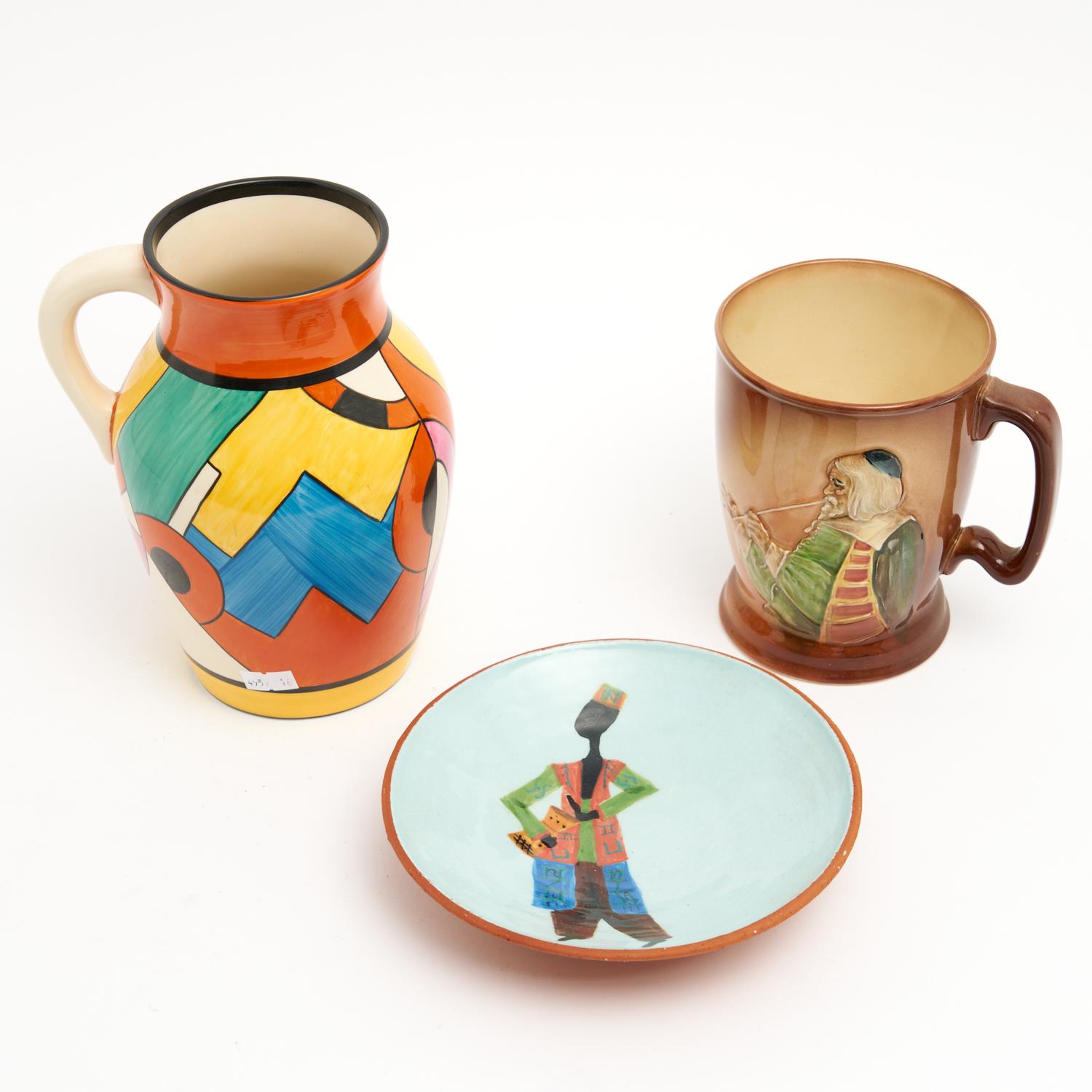 Lot - A CLARICE CLIFF BIZARRE WARE JUG TOGETHER WITH A ROYAL DOULTON ...