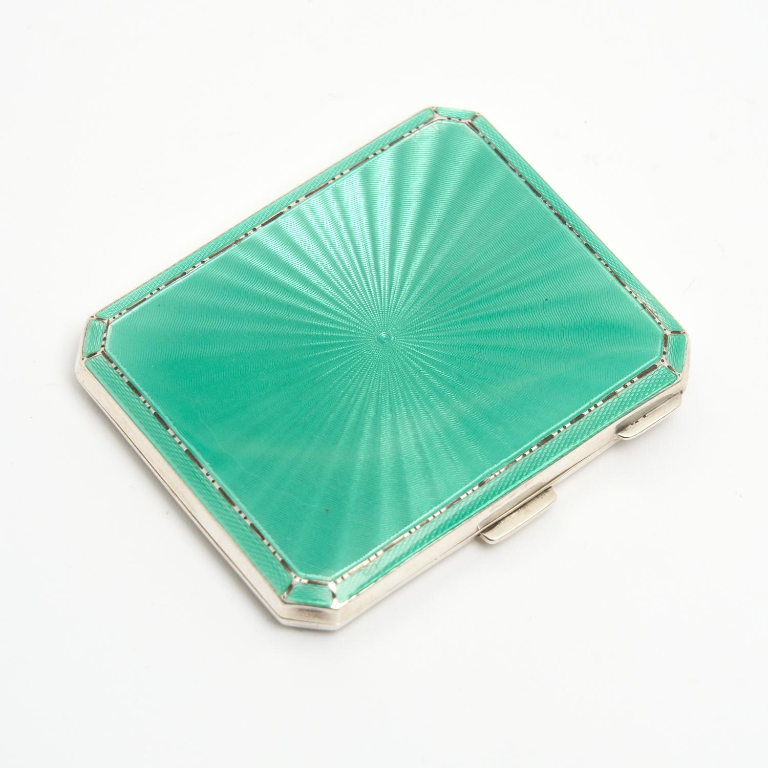 Lot - AN ART DECO STERLING SILVER AND GREEN GUILLOCHE ENAMEL CARD CASE ...