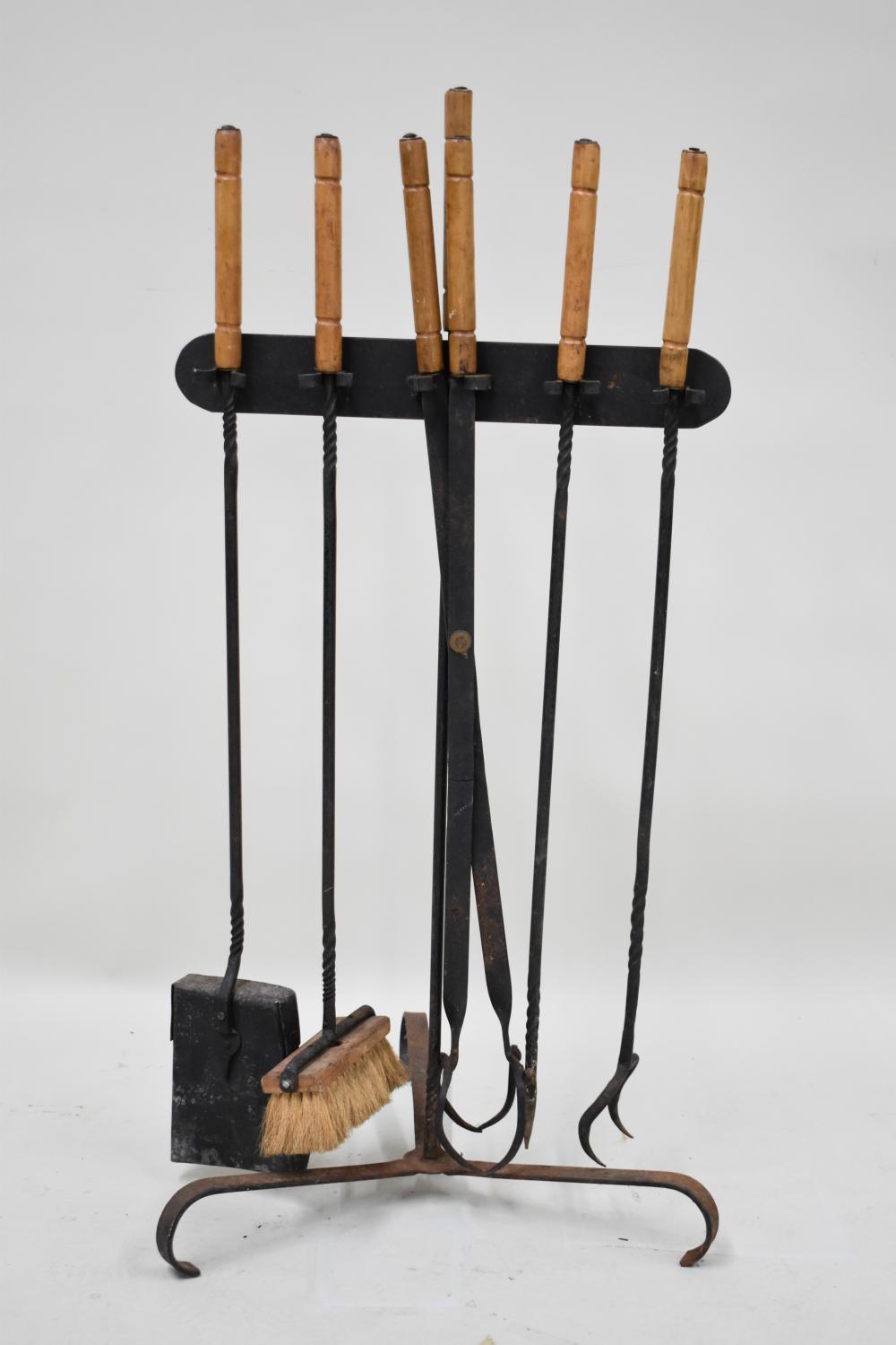 Lot - Large Wood & Iron Hearth Fire Place Tool Set