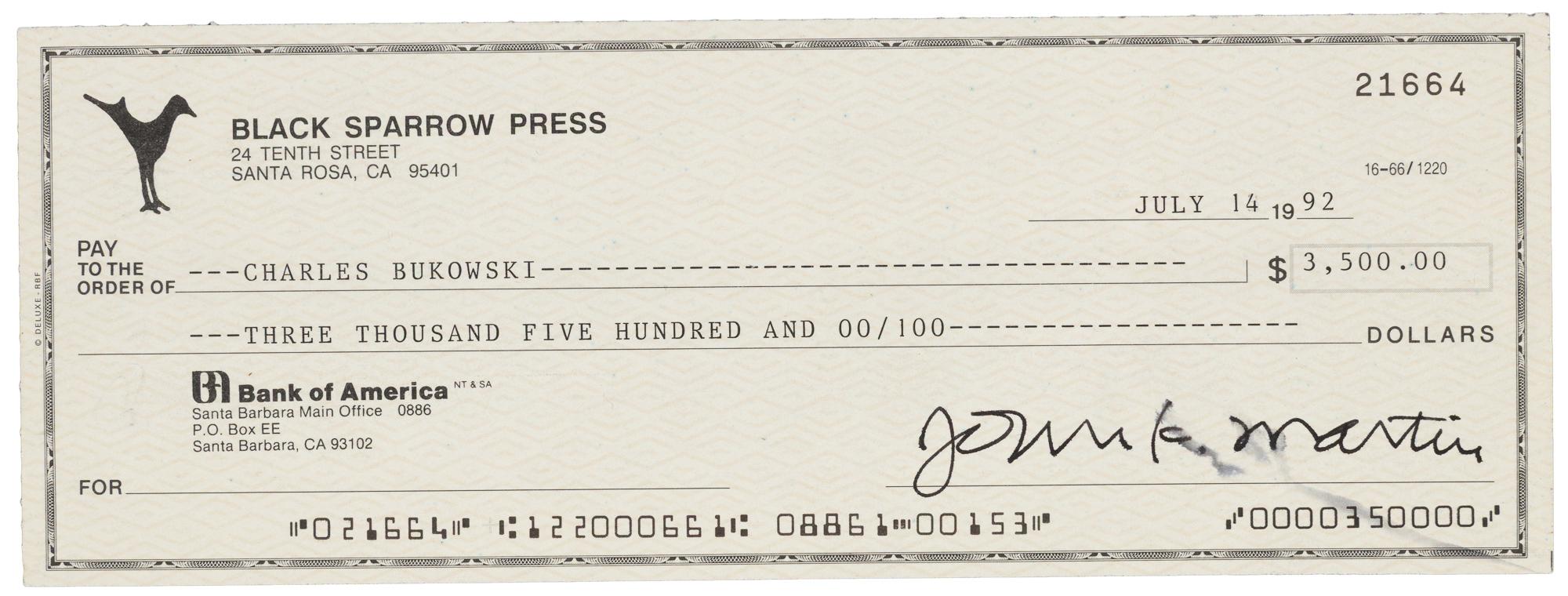 At Auction: Check signed by Bukowski and John Martin