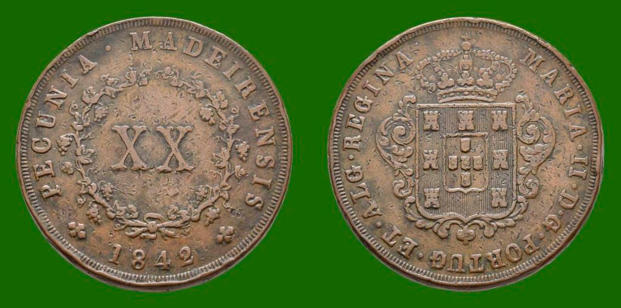 Lot - Madeira, República, Dona Maria II, XX Réis, 1842, Escassa, Cobre