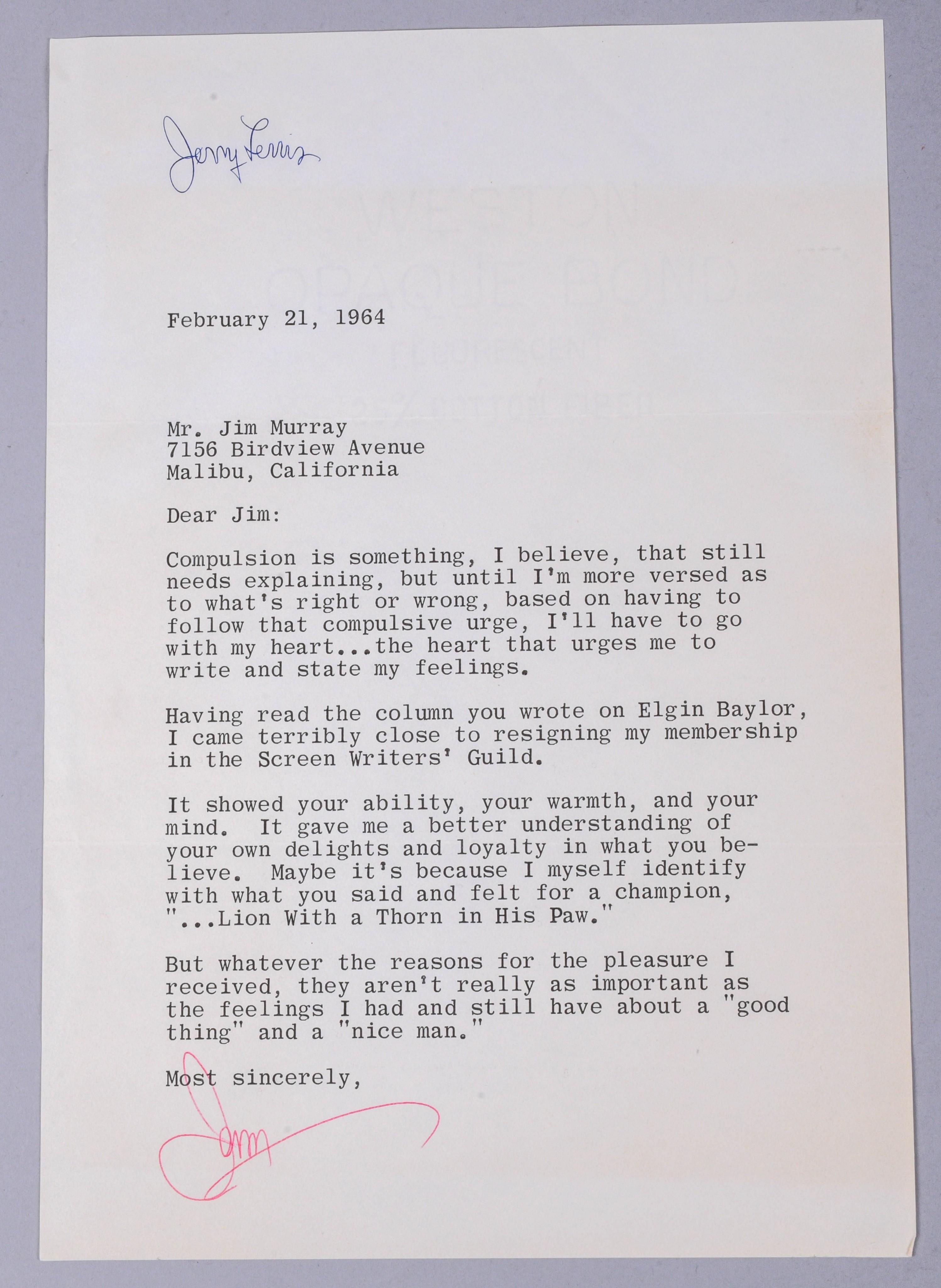 Lot - JERRY LEWIS. AUTOGRAPH LETTER SIGNED TO JIM MURRAY, 1964 10 1/2 x ...