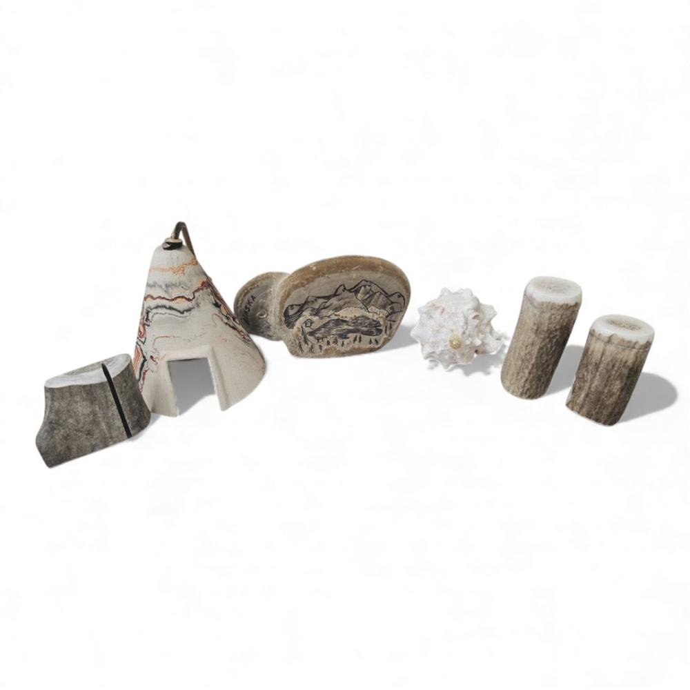Lot - Pottery Bell, Hand Painted Alaska Scrimshaw