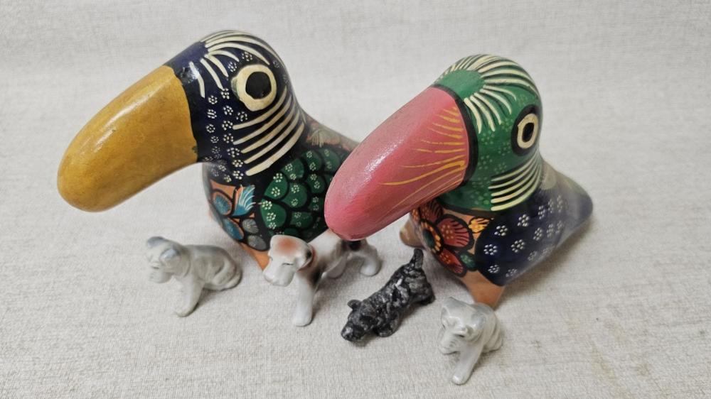 Lot - Pair of Folk Art Toucans, Polished Stone Dog