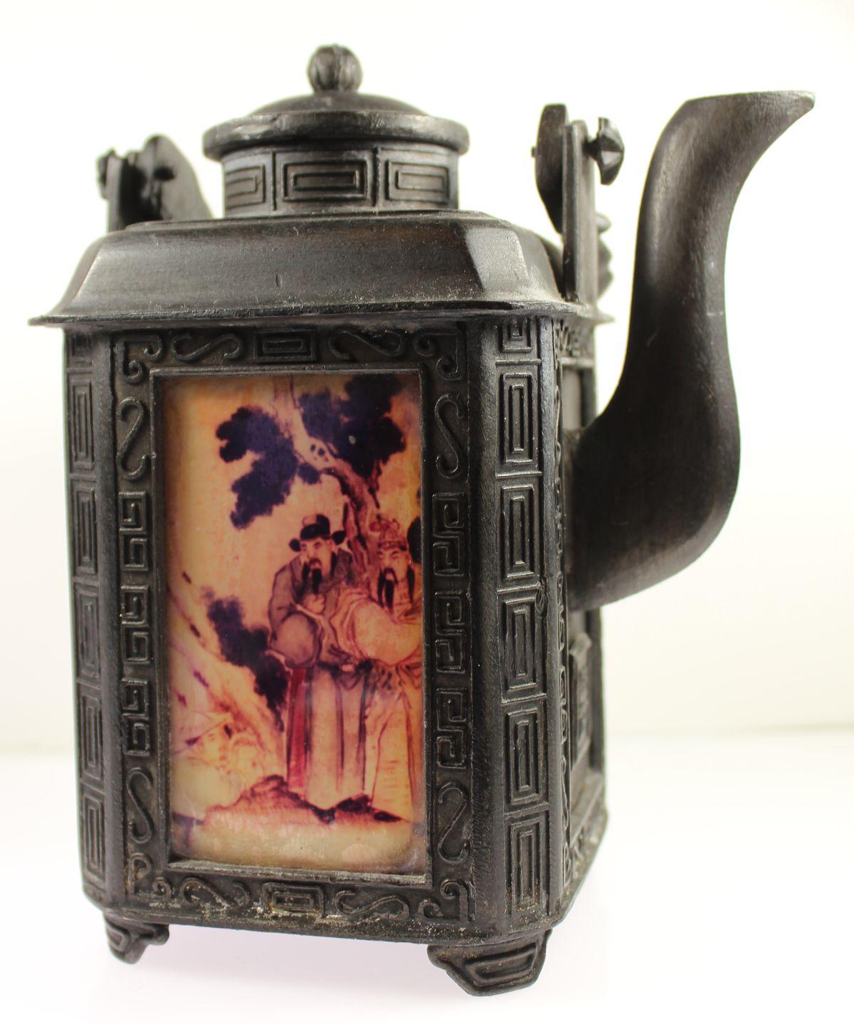 Lot - Vintage Chinese Metal Teapot with Painted Glass Panels
