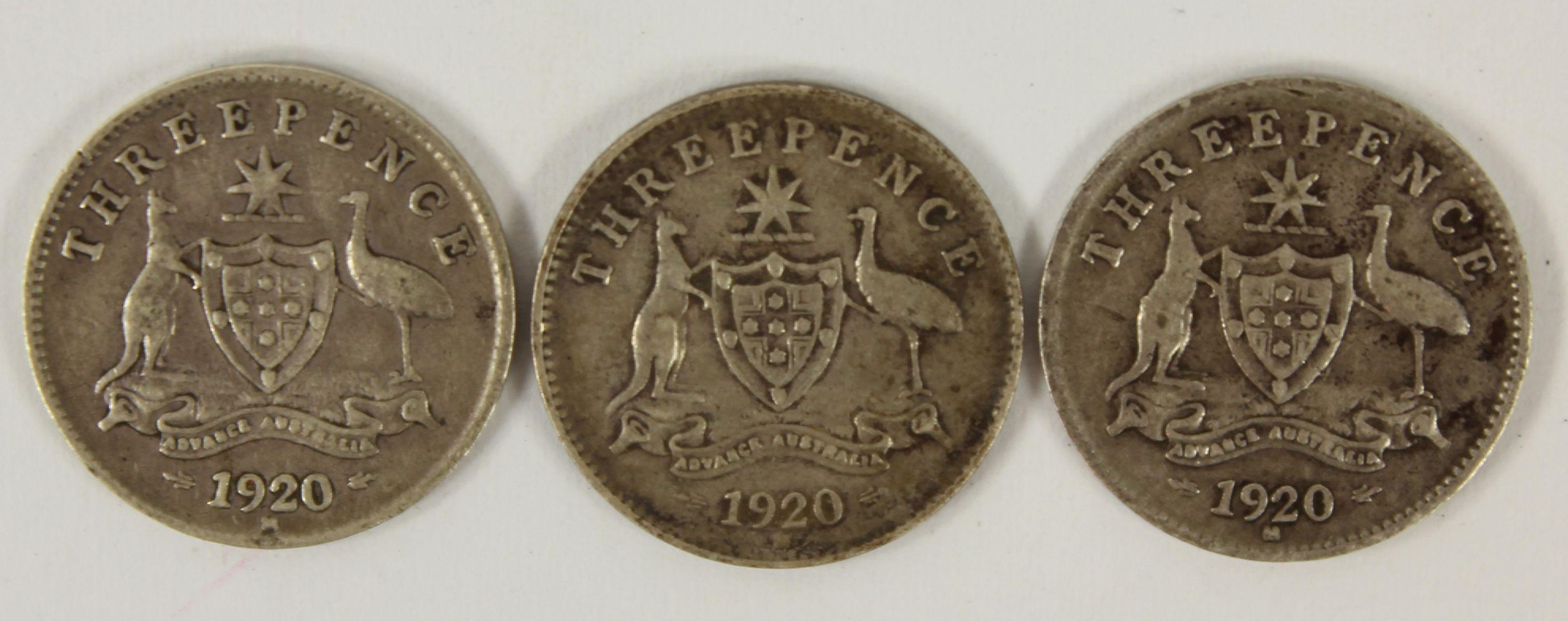 Lot - Australia 1920 M Threepence, VG/Fine (3 Coins)