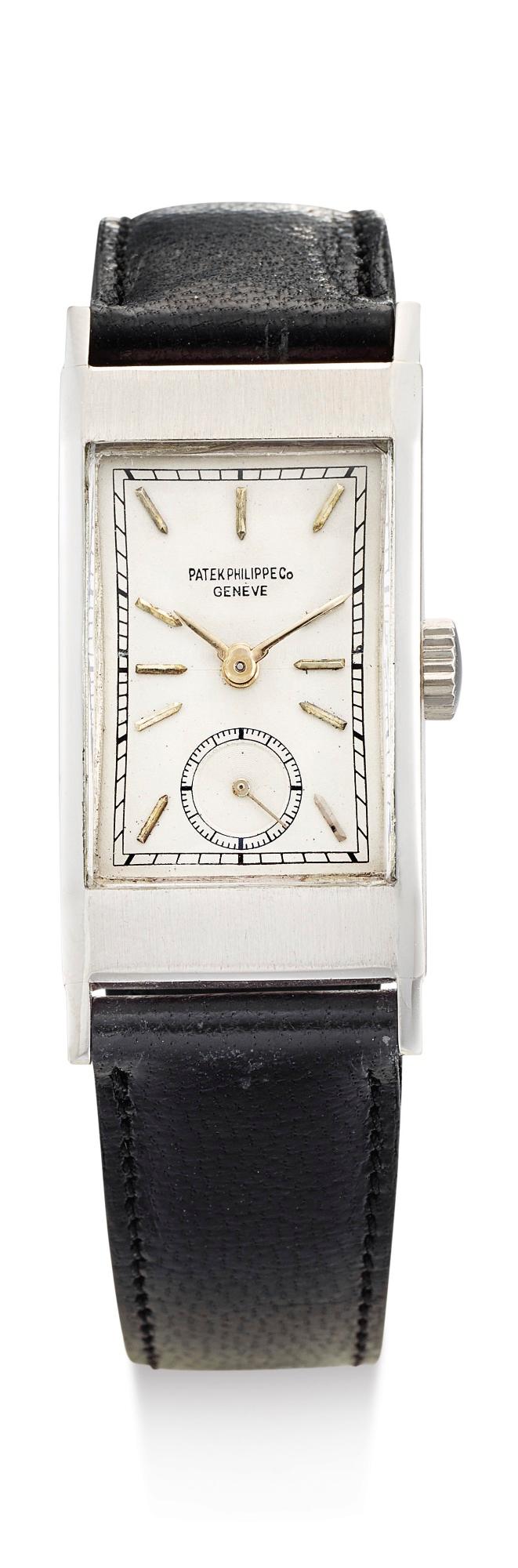 PATEK PHILIPPE | A RARE PLATINUM RECTANGULAR WRISTWATCH REF