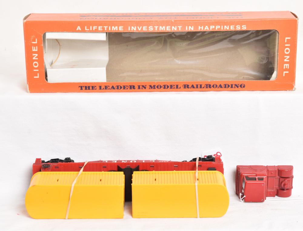 Nice Lionel 6431 flat car with yellow trailers, Midgetoy tru