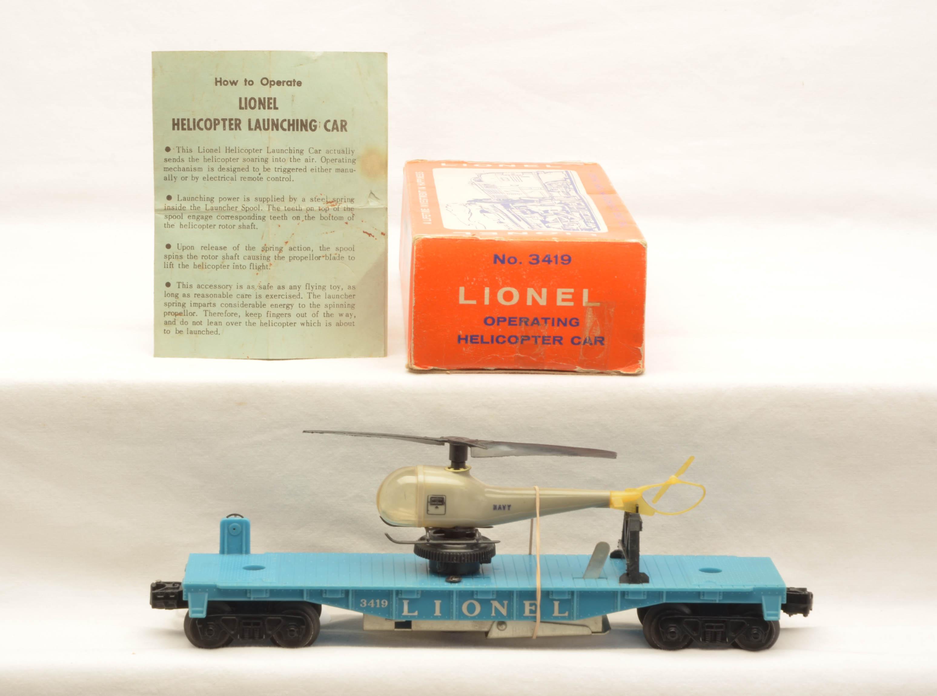 Sold Price: Lionel Postwar 3419 Operating Helicopter w/Teal Flatcar ...