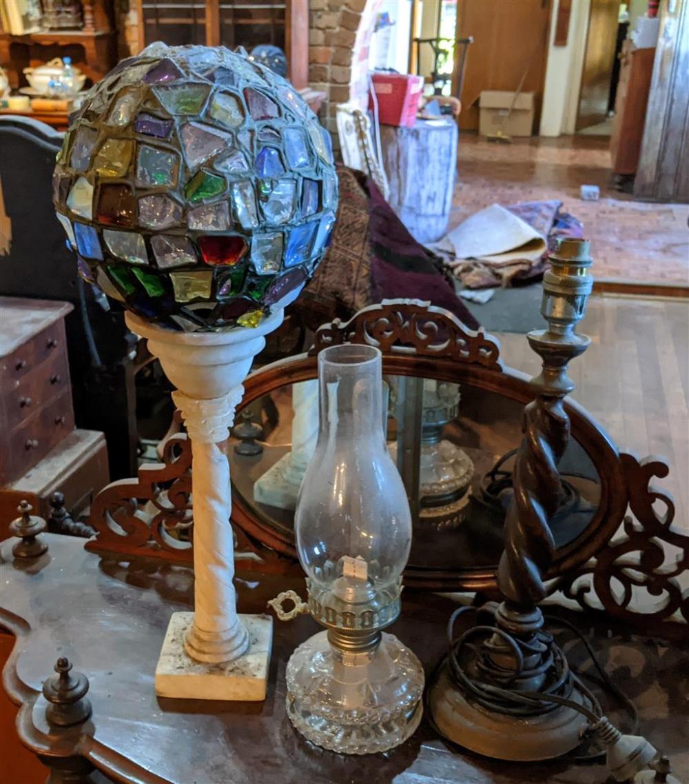 Lot - A Group of Three Assorted Table Lamps including A Glass Oil Lamp [3]