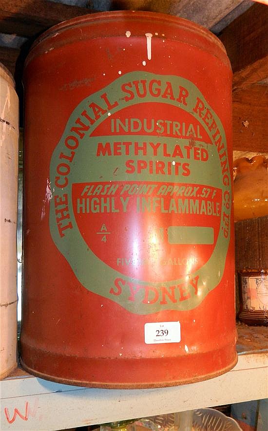 Lot - The Colonial Sugar Refing Co Mentholated Spirits five gallon drum